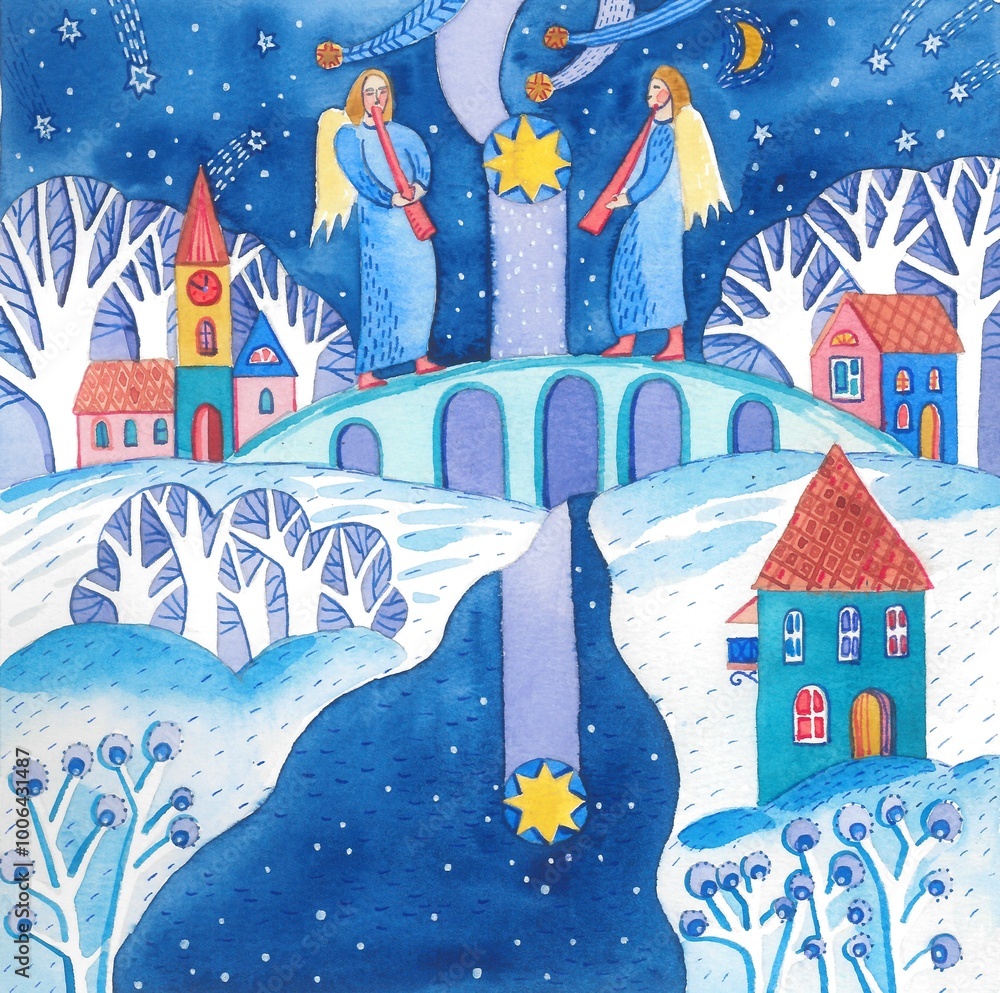 Watercolor illustration. Angels sing a Christmas song and a star shines ...