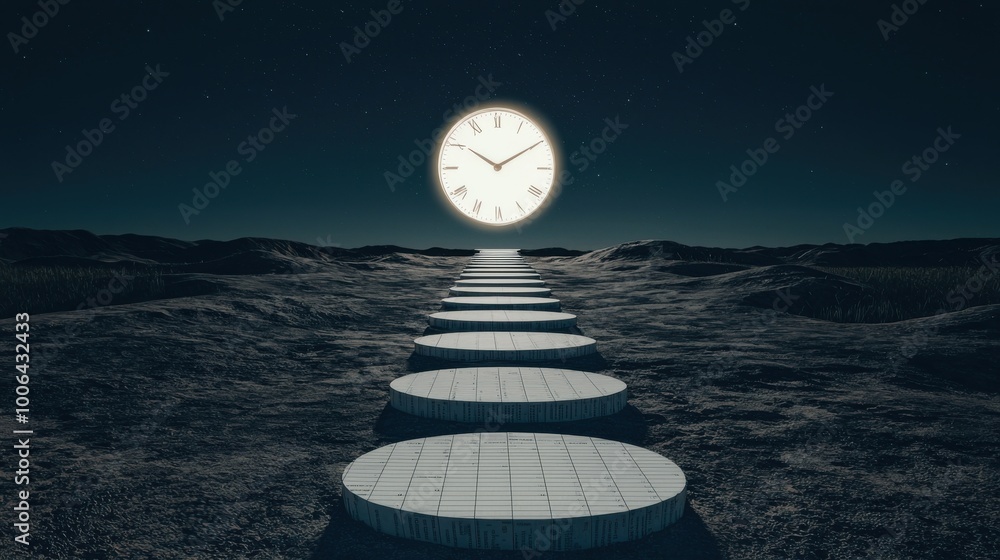 A path of stepping stones made from calendar pages leading toward a ...