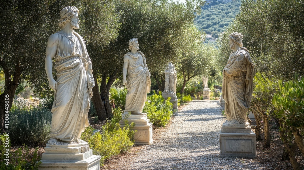 Marble statues of ancient Greek gods and goddesses in a serene garden ...