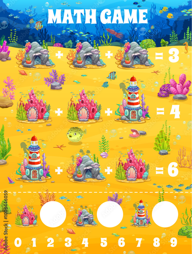 Kids education math game with underwater fairytale houses and homes ...