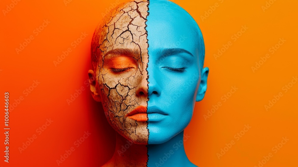 Artistic representation of contrasting emotions on a split face. Stock ...