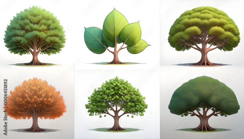 Cartoon-style Bodhi trees with smooth, rounded shapes, simplified ...