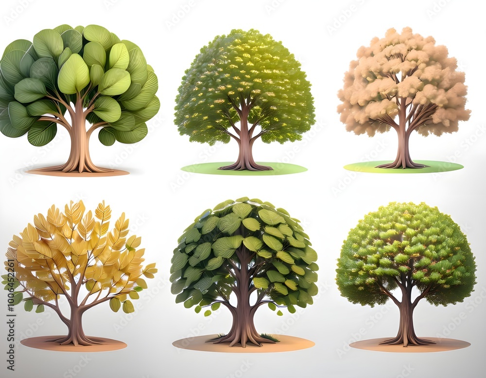 ภาพประกอบสต็อก Cartoon-style Bodhi trees with smooth, rounded shapes ...
