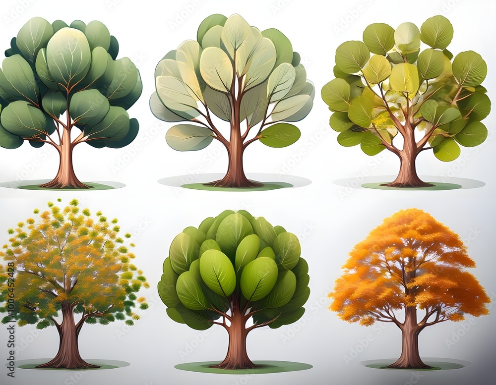 Cartoon-style Bodhi trees with smooth, rounded shapes, simplified ...