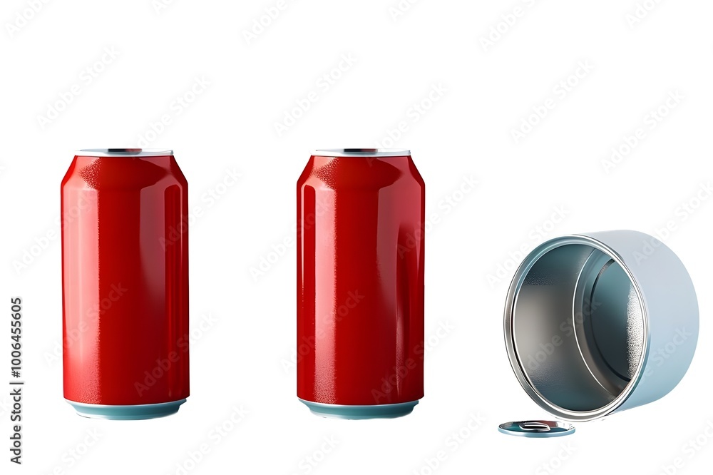 Red and white soda cans, one can is open, one silver with no label, all ...