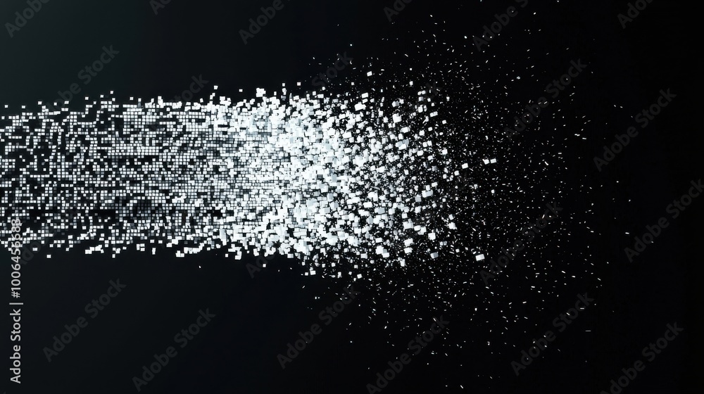 An abstract representation of a company logo forming from scattered ...
