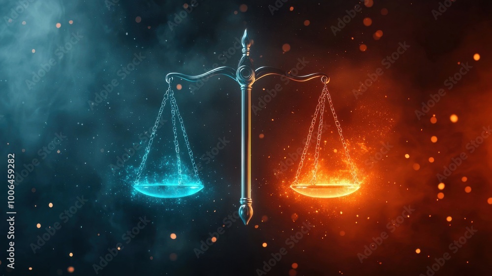 Balance of Light and Dark: A glowing scale with light on one side and ...