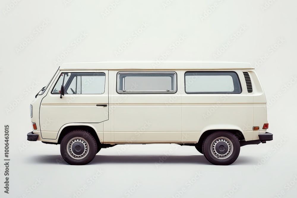 Realistic photograph of a complete white European van in side view ...