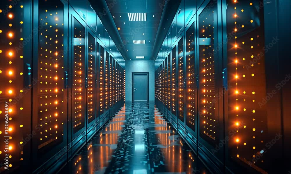 Wander through the vibrant aisles of a modern data center, where ...