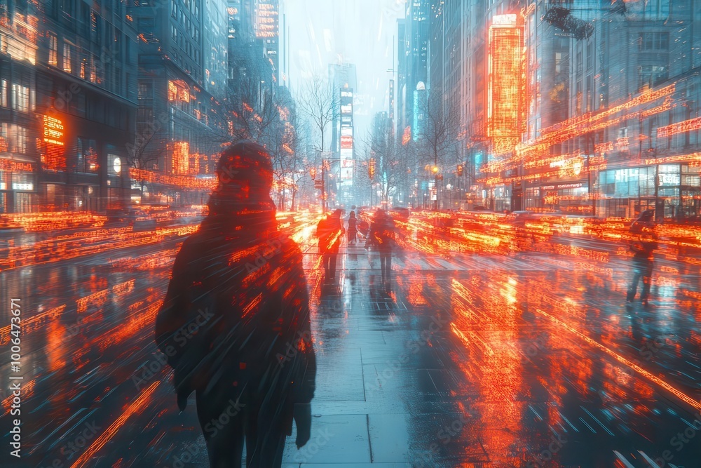 blurred city street scene with people crossing at a traffic light ...