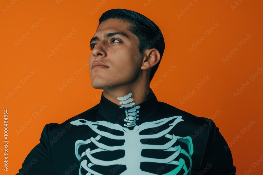 Portrait of a Hispanic man with slicked-back hair, wearing a black-and ...