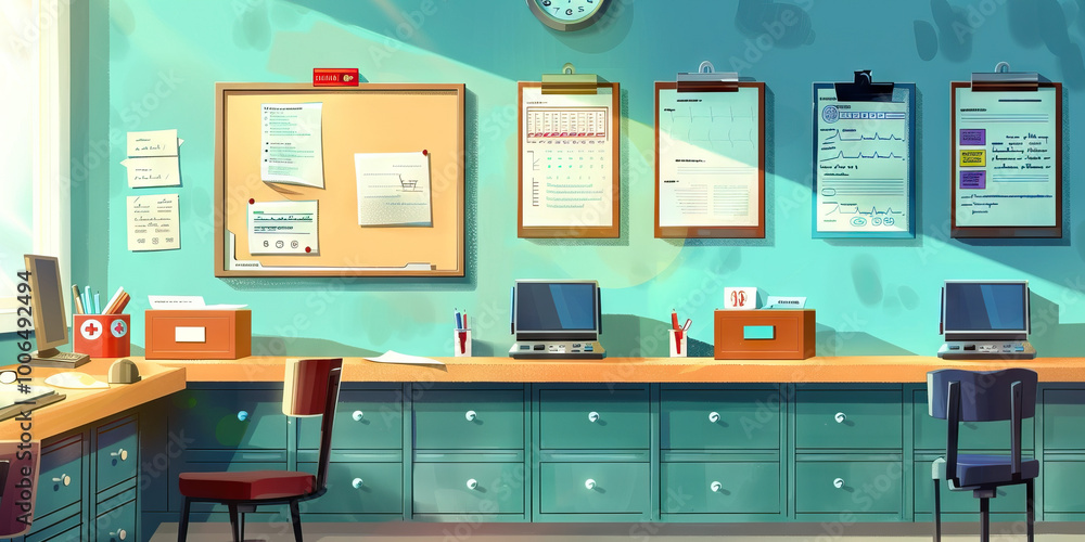 Doctor's Office Wall: Displaying medical diplomas, patient charts, and ...