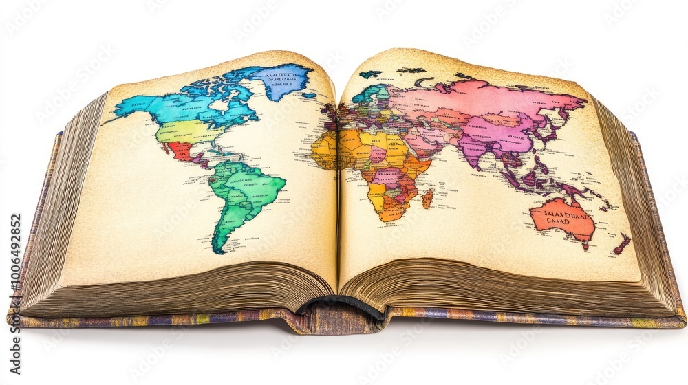 A colorful world map illustrated on the pages of an open book ...
