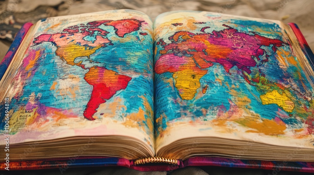 A colorful world map spread across the pages of an open book ...