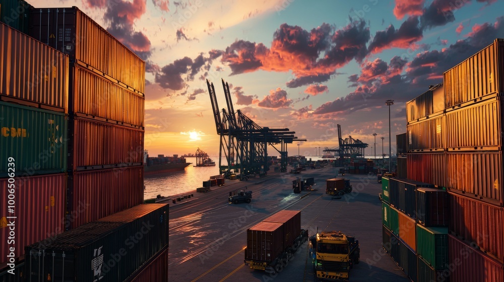 Foto de Harbor simulation with shipping containers and cranes in a ...