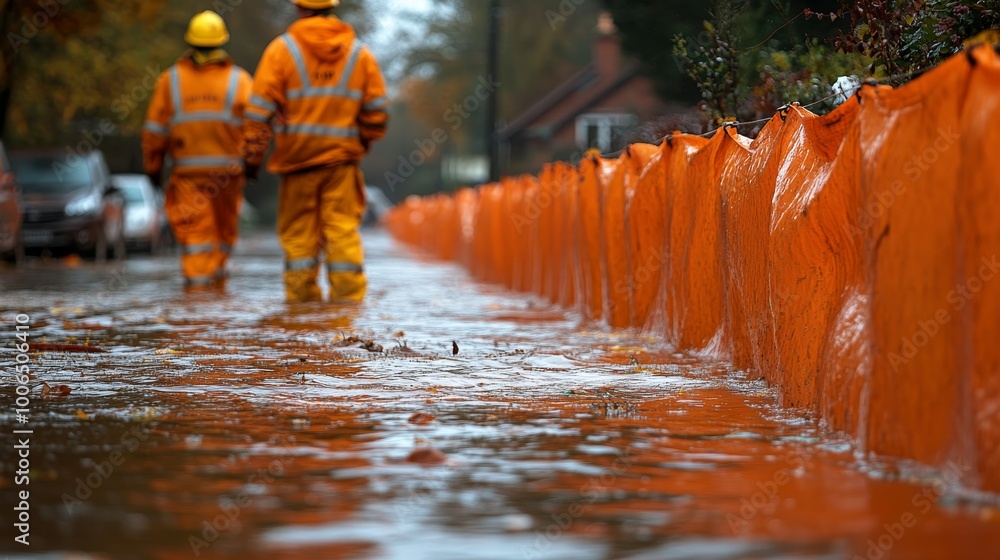 Emergency workers setting up flood barriers to prevent a flash flood ...