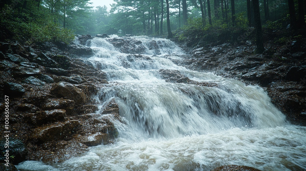 Water rushing down a hillside after a heavy rainstorm, causing ...