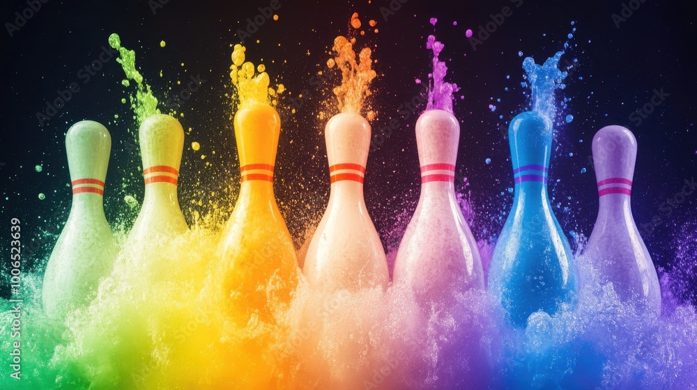 Bowling pins exploding in a rainbow-colored strike, dynamic and ...