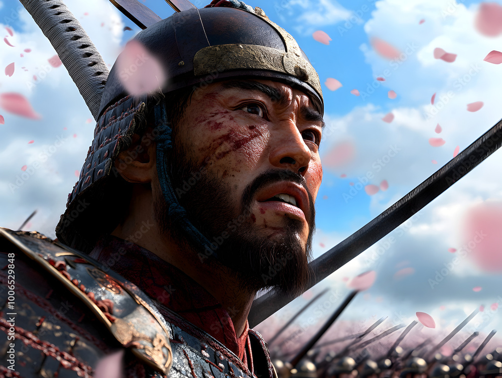 A fierce Samurai general, clad in ornate armor and standing before his ...