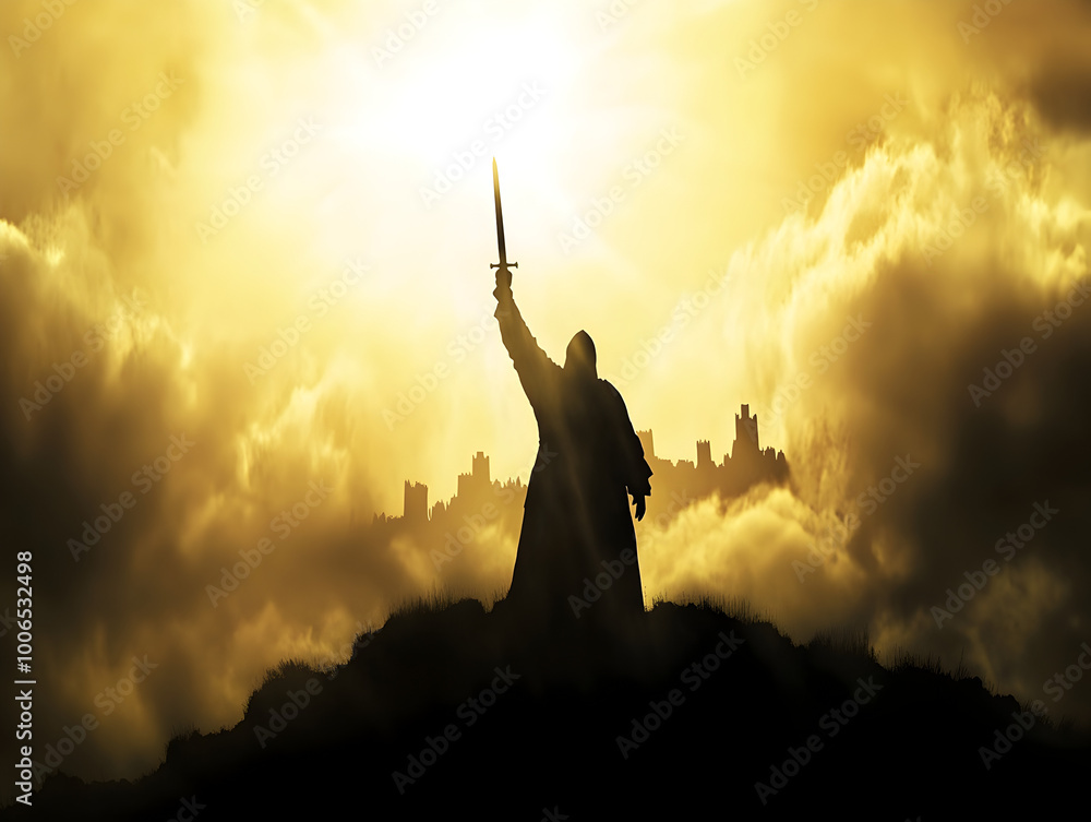 A valiant Crusader knight, standing atop a hill with a majestic castle ...