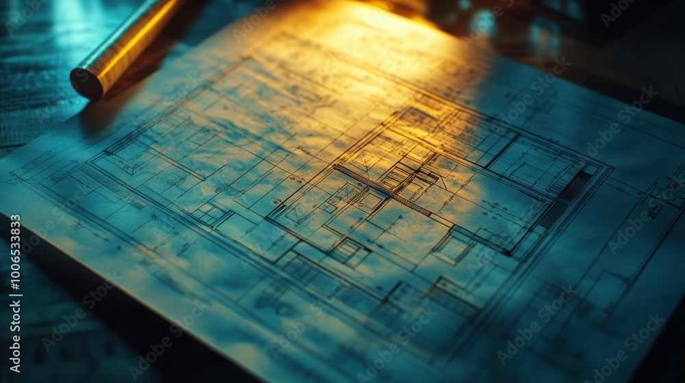 High-definition close-up of architectural blueprints, placed under soft ...