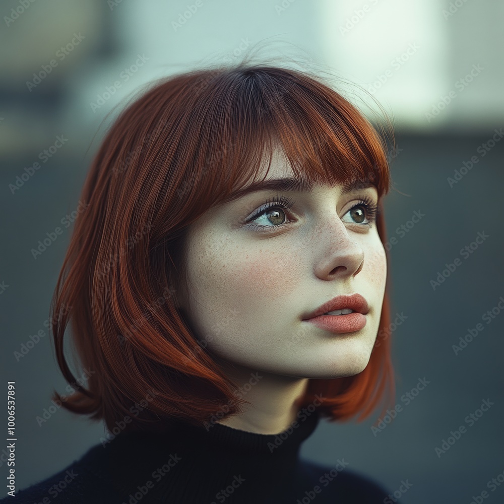 Color photograph of a Gen Z girl with a red bob hairstyle (35mm). non ...