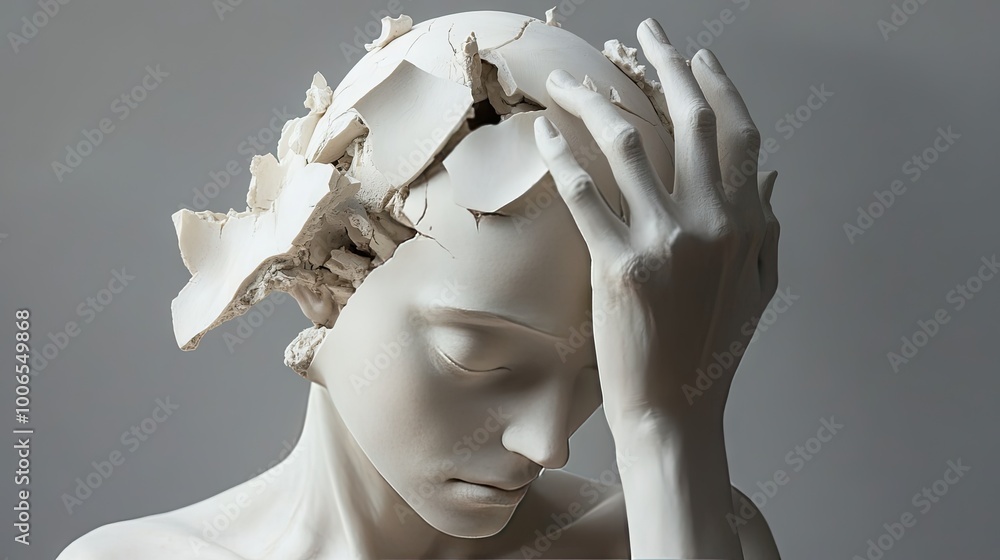 Artistic sculpture of a person grasping their head, with pieces ...
