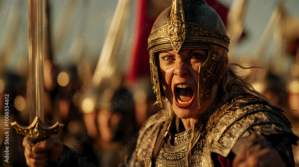 A fierce warrior queen, dressed in ornate armor and holding a sword ...