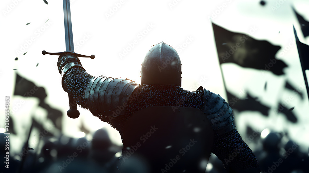 A formidable knight in full plate armor, raising his sword in a battle ...