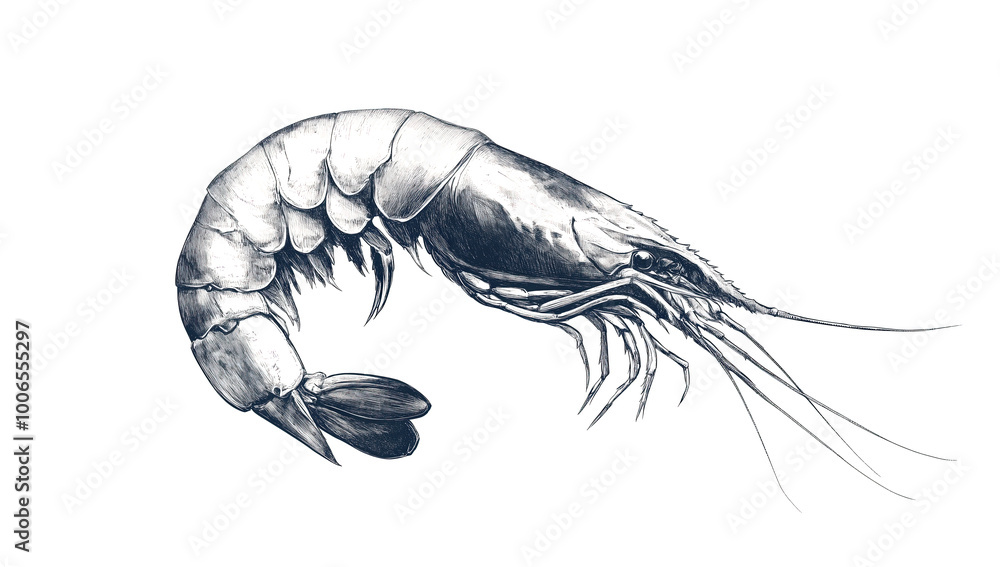 Seafood, shrimp prawn. Vintage retro print, black white seafood shrimp ...