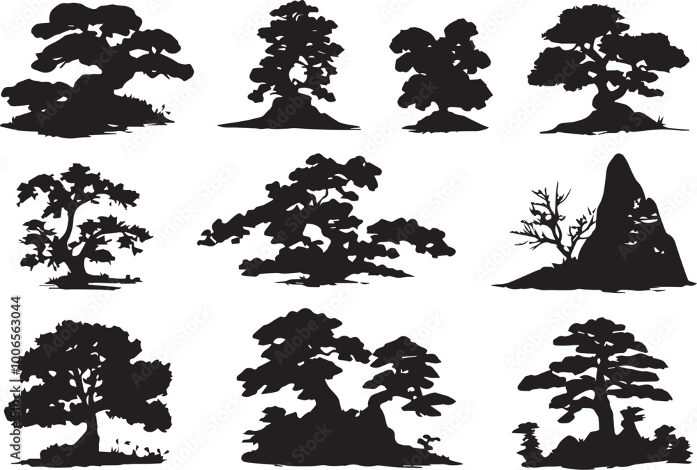 Silhouette tree set. Side view, set of graphic trees elements outline ...