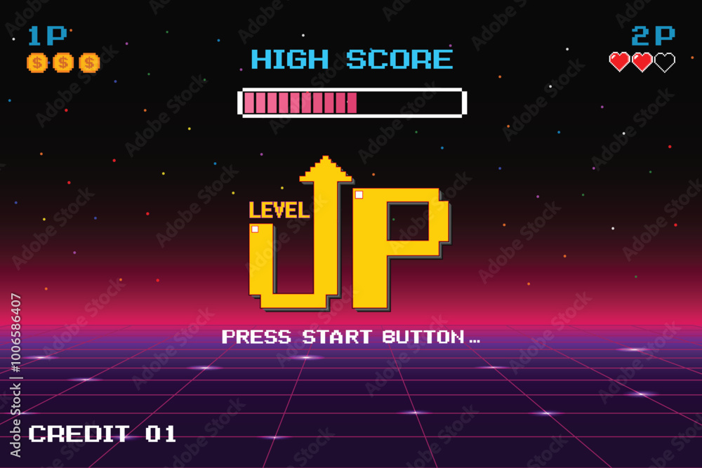 LEVEL UP. press start button. pixel art .8 bit game. retro game. for ...