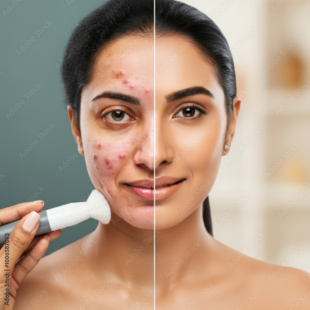 Indian woman with acne-prone skin on the left side and smooth, clear ...
