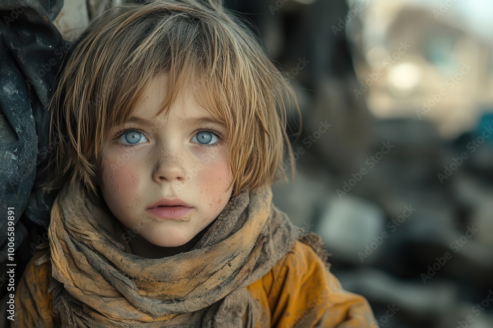 the sorrowful expression of a child reflects the harsh realities of ...