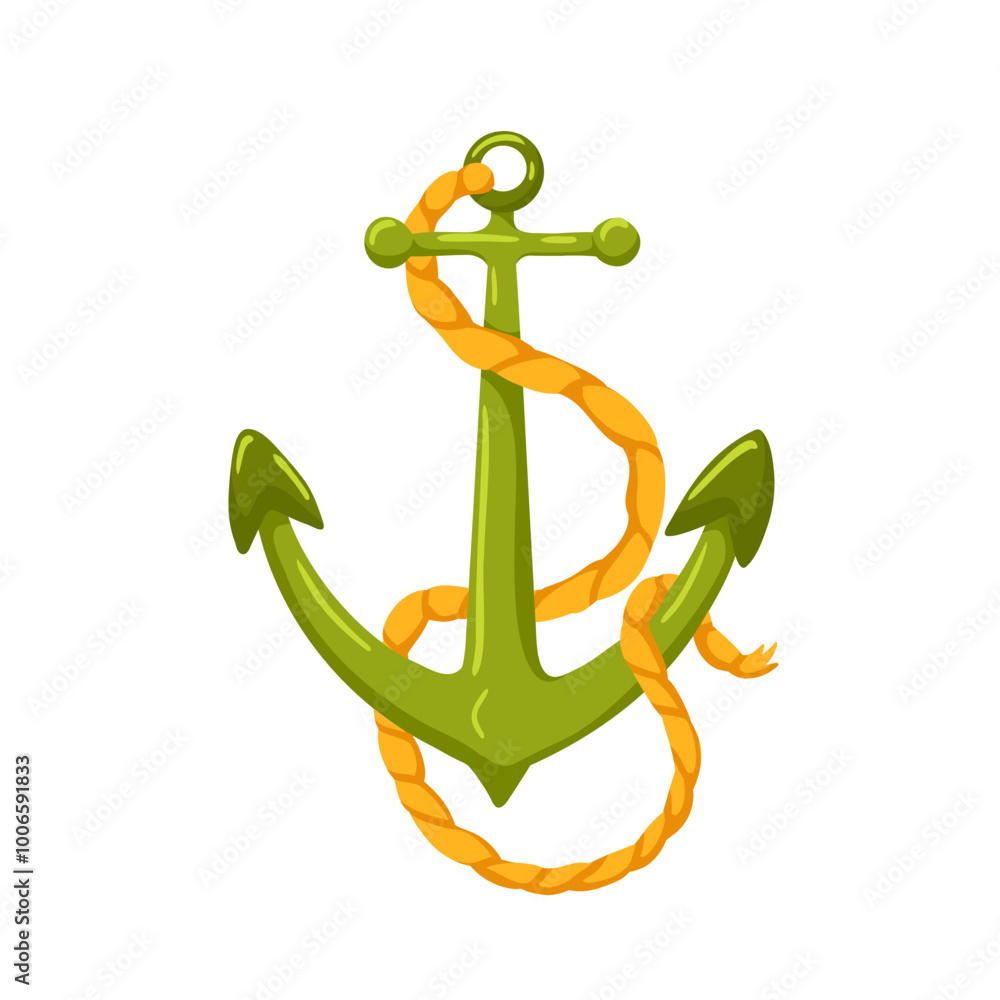 Green anchor with a rope around it. Simple cartoon vector hand drawn ...