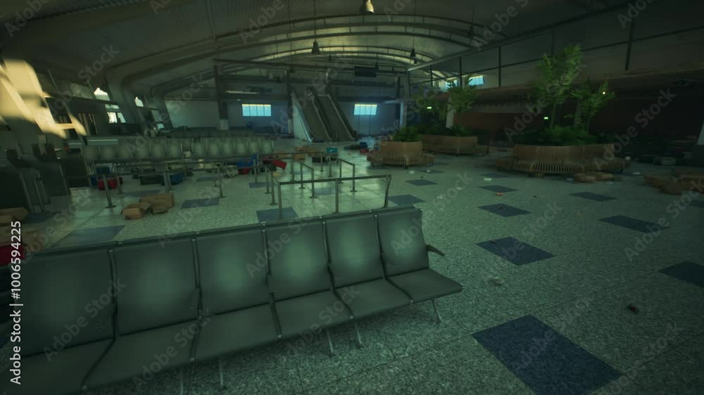An abandoned airport terminal reveals empty waiting areas, scattered ...