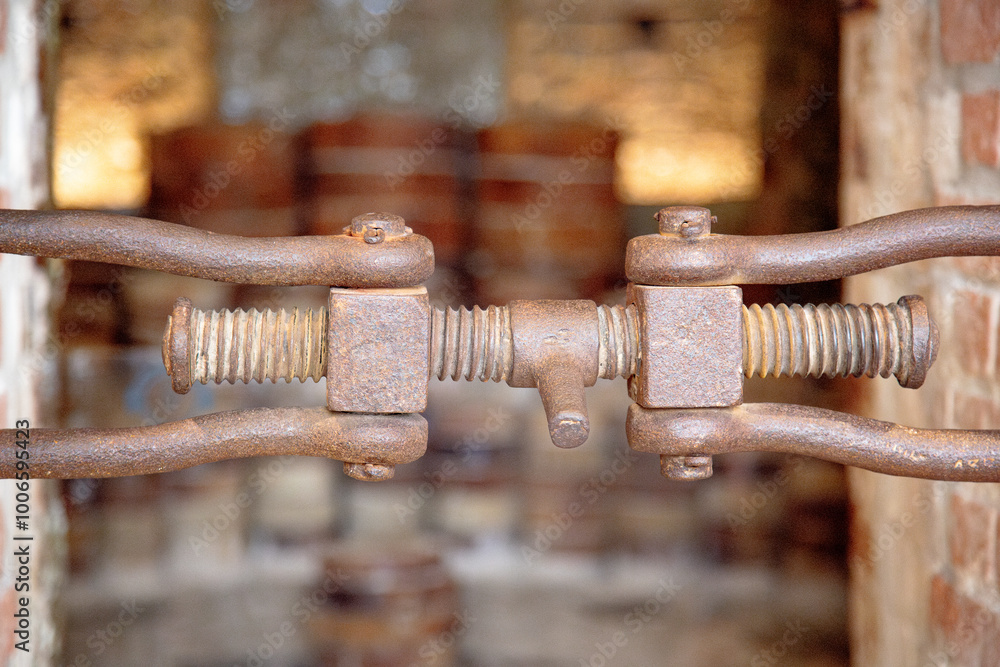 Close-up of a rusted screw and clamp mechanism, highlighting the aged ...