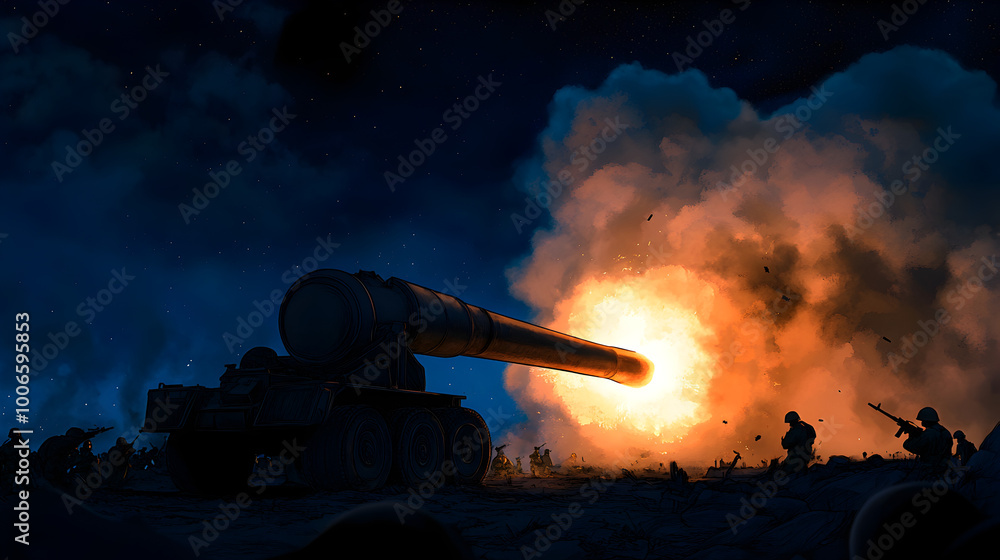 A modern artillery cannon, firing a massive round across a battlefield ...