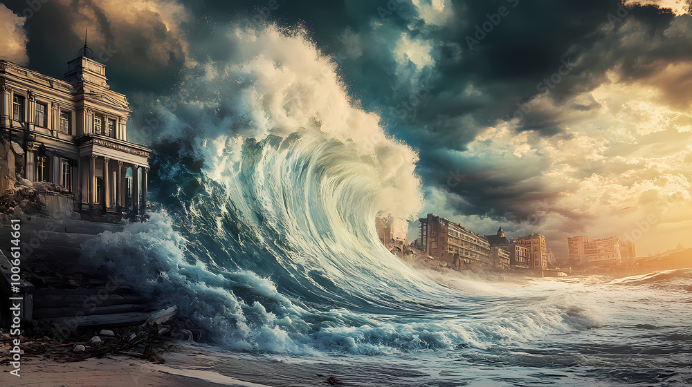 A depiction of a natural rampage, with a massive tidal wave crashing ...