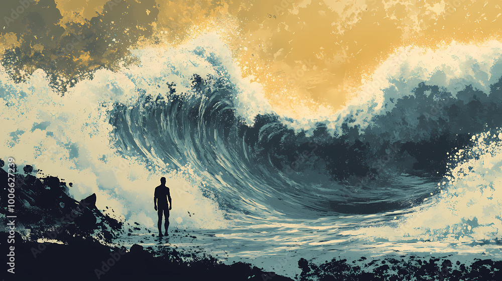 A man stands bravely in front of a colossal wave as it crashes towards ...