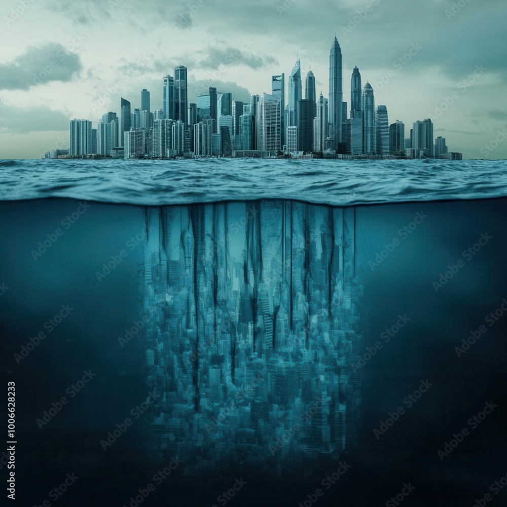 Sea level rising over coastal cities, visualizing the environmental ...