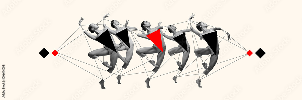 Banner. Contemporary art collage. Sequence of dancers, framed by red ...