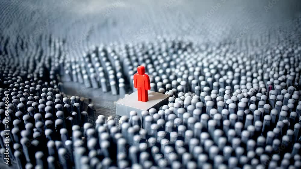 A single red figure stands out from a sea of grey figures. This ...