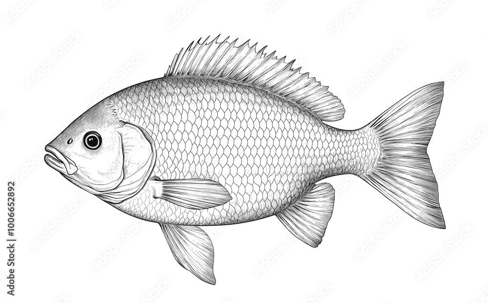 Fish sketch dorado gilt-head bream. Vintage retro print, black white ...