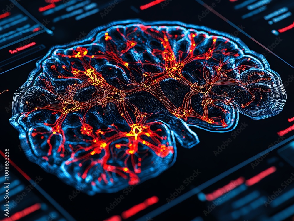 Digital brain scan showing neural activity in a mental health diagnosis ...