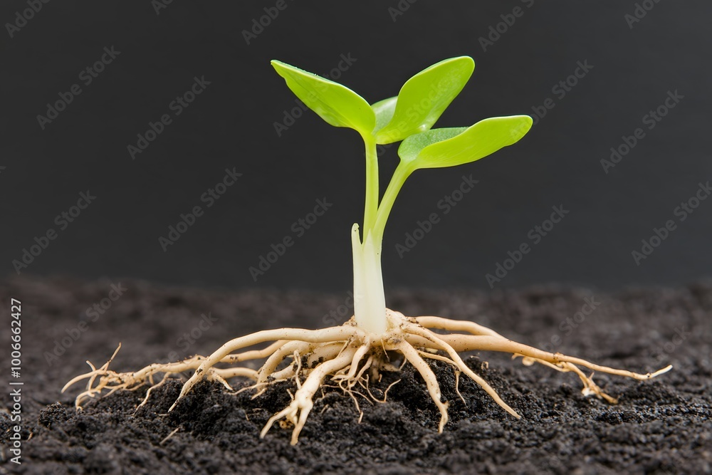 A single bean sprout with roots growing into the soil, with detailed ...