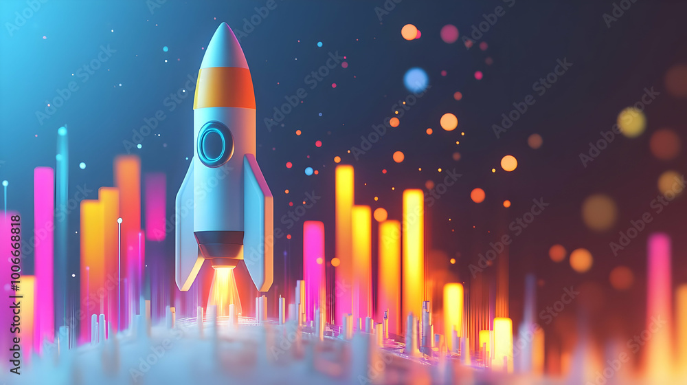 3D Rocket Model with Holographic Growth Charts & Handshake Icons on ...