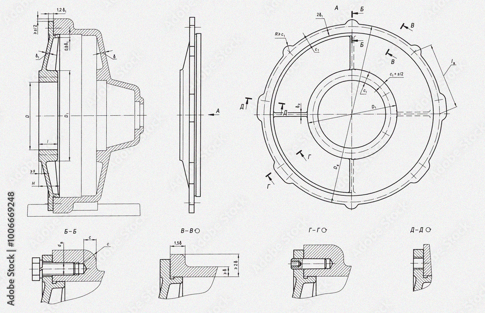 Gearbox cover with threaded bolts. Engineering mechanical drawing of ...