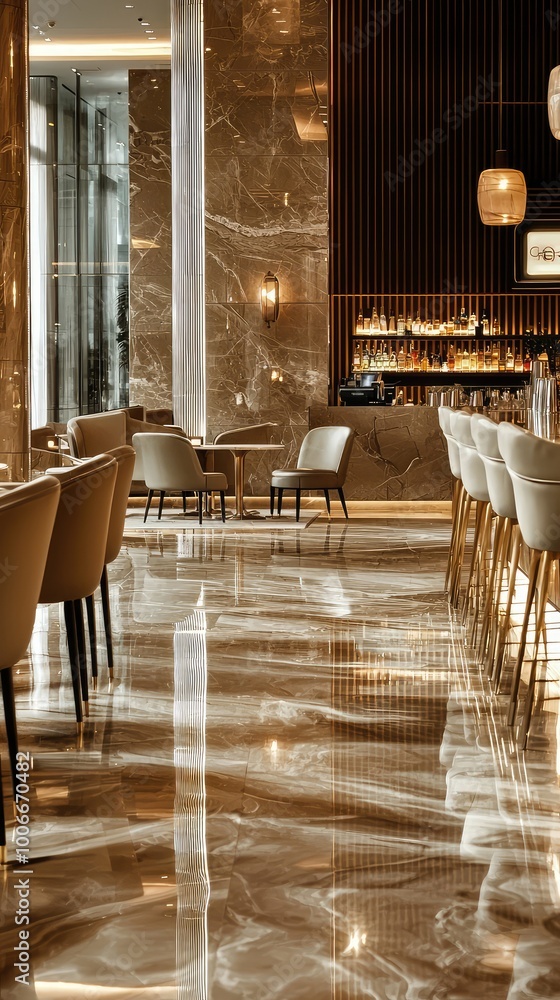 Elegant restaurant interior featuring glossy marble floors and stylish ...