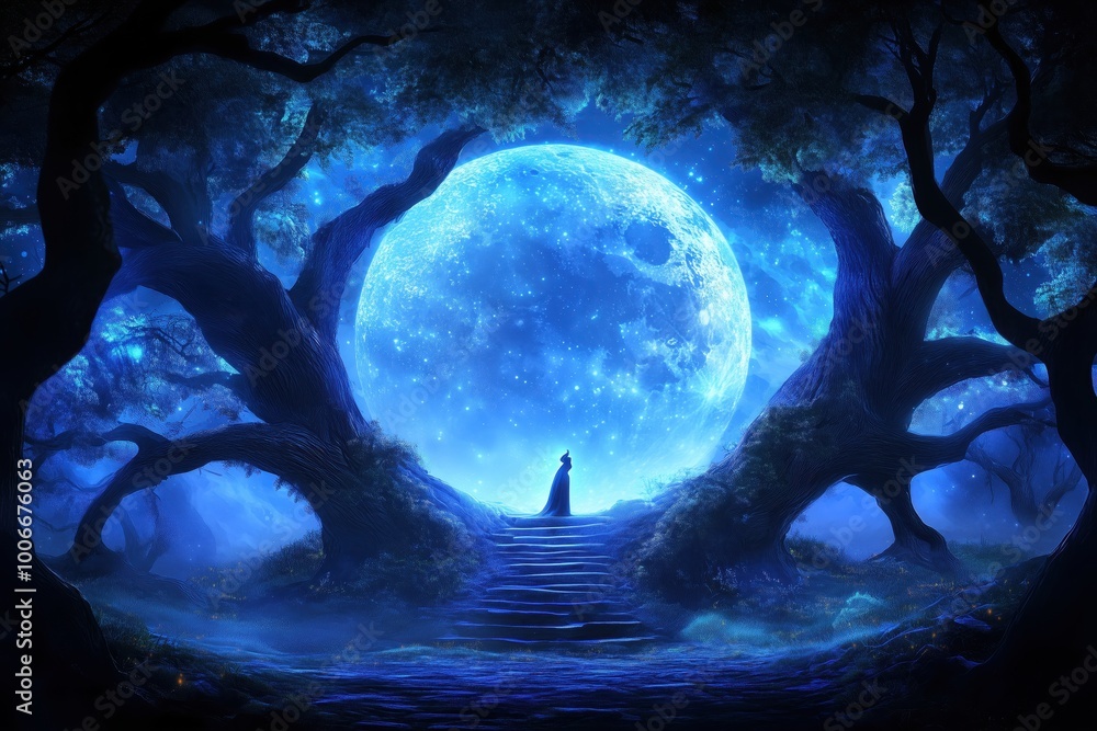 Mystical Blue Moon Night: A solitary figure stands before a colossal blue moon, silhouetted ...